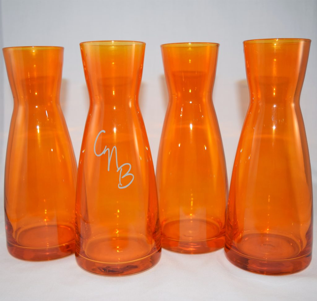 wine carafe, colored glass, green carafe, orange carafe, monogram